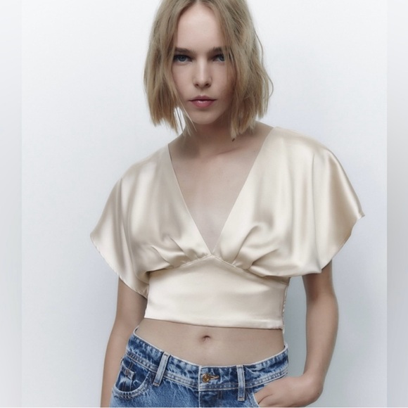 Zara | Tops | Zara Knotted Bell Sleeve Satin Effect Top | Poshmark